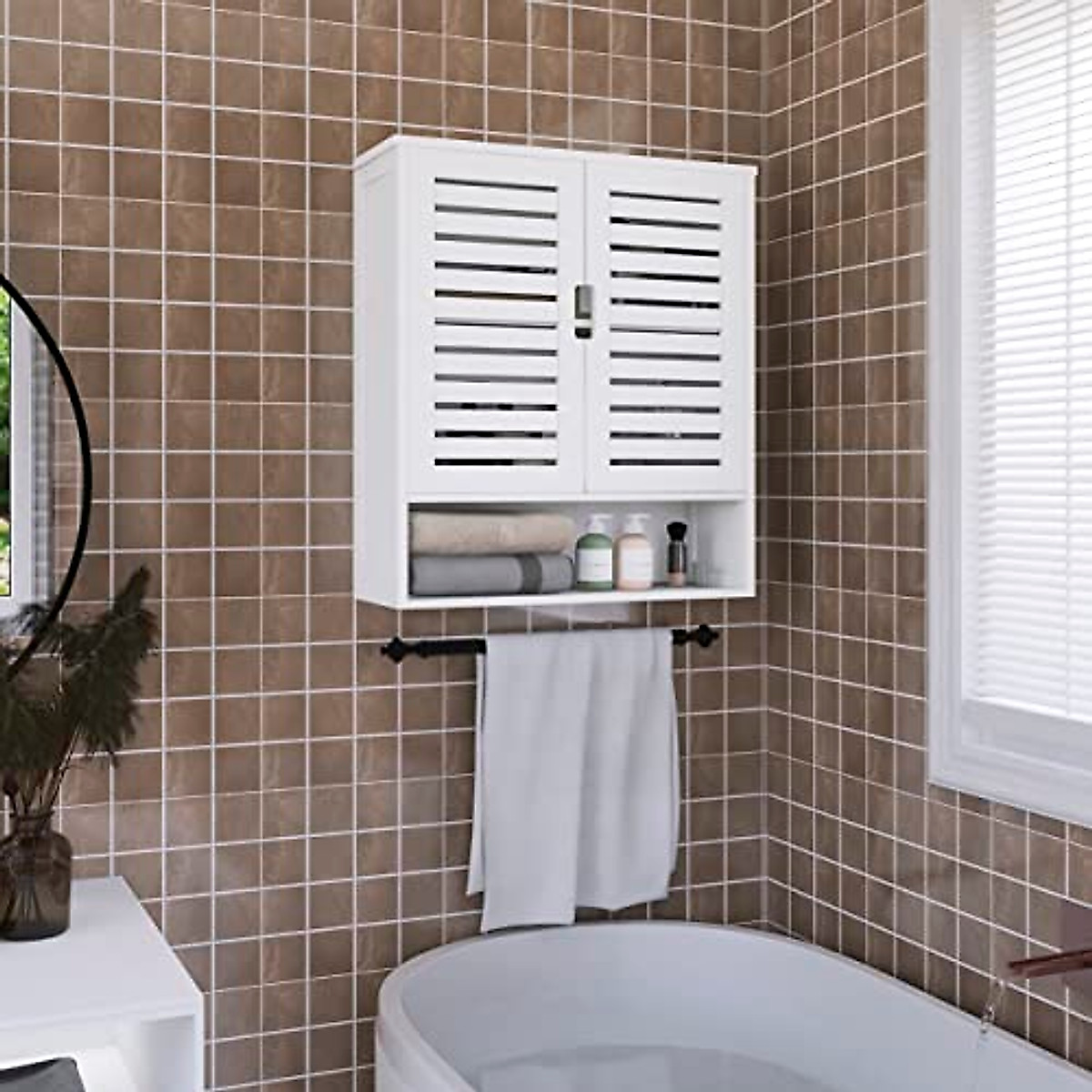 SMIBUY Bathroom Cabinet Wall Mounted, Bamboo Over-The-Toilet Storage Organizer, Space Saver Medicine Cabinet with 2 Door and Adjustable Shelves (White)