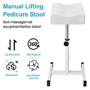 Pedicure Manicure Footrest, Adjustable Height with Soft Cushion Pedicure Stool Non-Slip, Pedicure Nail Equipment for Salon Spa Beauty,White