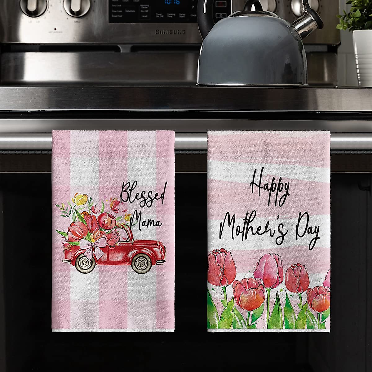 Artoid Mode Watercolor Stripes Buffalo Plaid Tulip Blessed Mama Happy Mother's Day Home Kitchen Towels, 18 x 26 Inch Ultra Absorbent Coffee Tea Bar Hand Towels Gift for Cooking Baking Set of 2