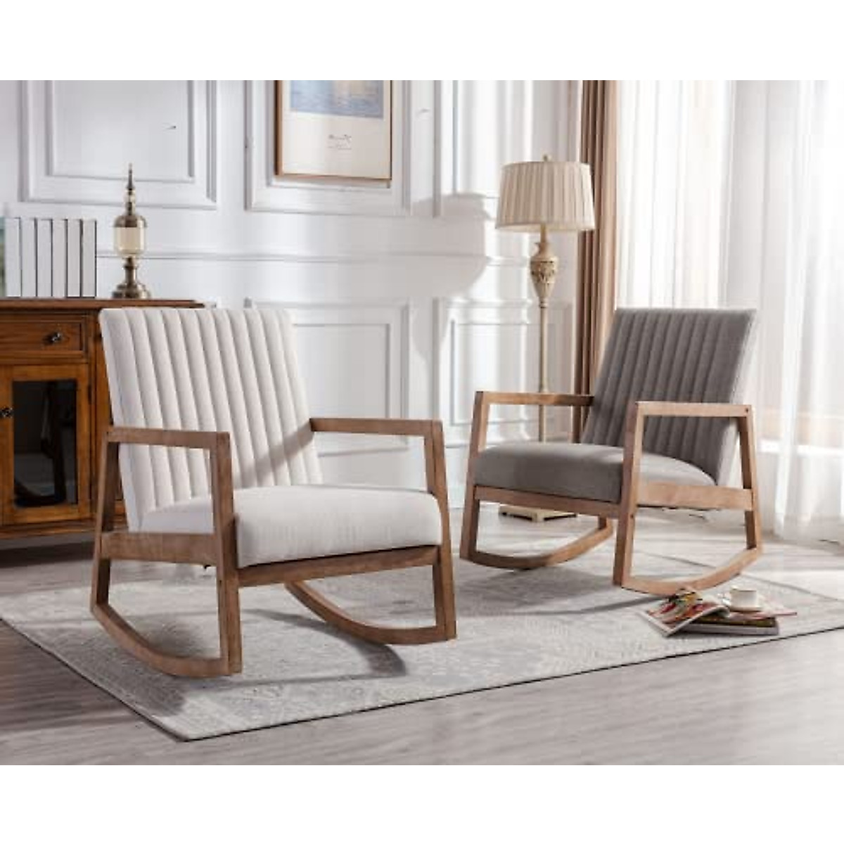 CIMOO Rocking Armchair for Nursery Mid Century Modern Recliner Accent Chair Comfy Lounge Arm Chair for Bedroom/Living Room, Linen Beige, rocking chair-linen