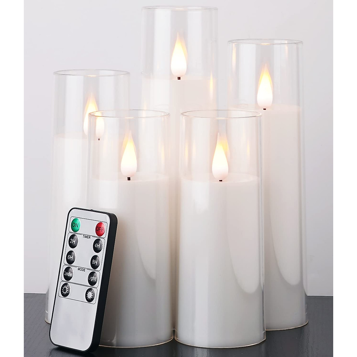 Amagic Pure White Flameless Candles, Battery Operated Candles, Flickering LED Pillar Candles with Remote Control and Timer, 3D Wick, Yellow and Blue Glow, Set of 5