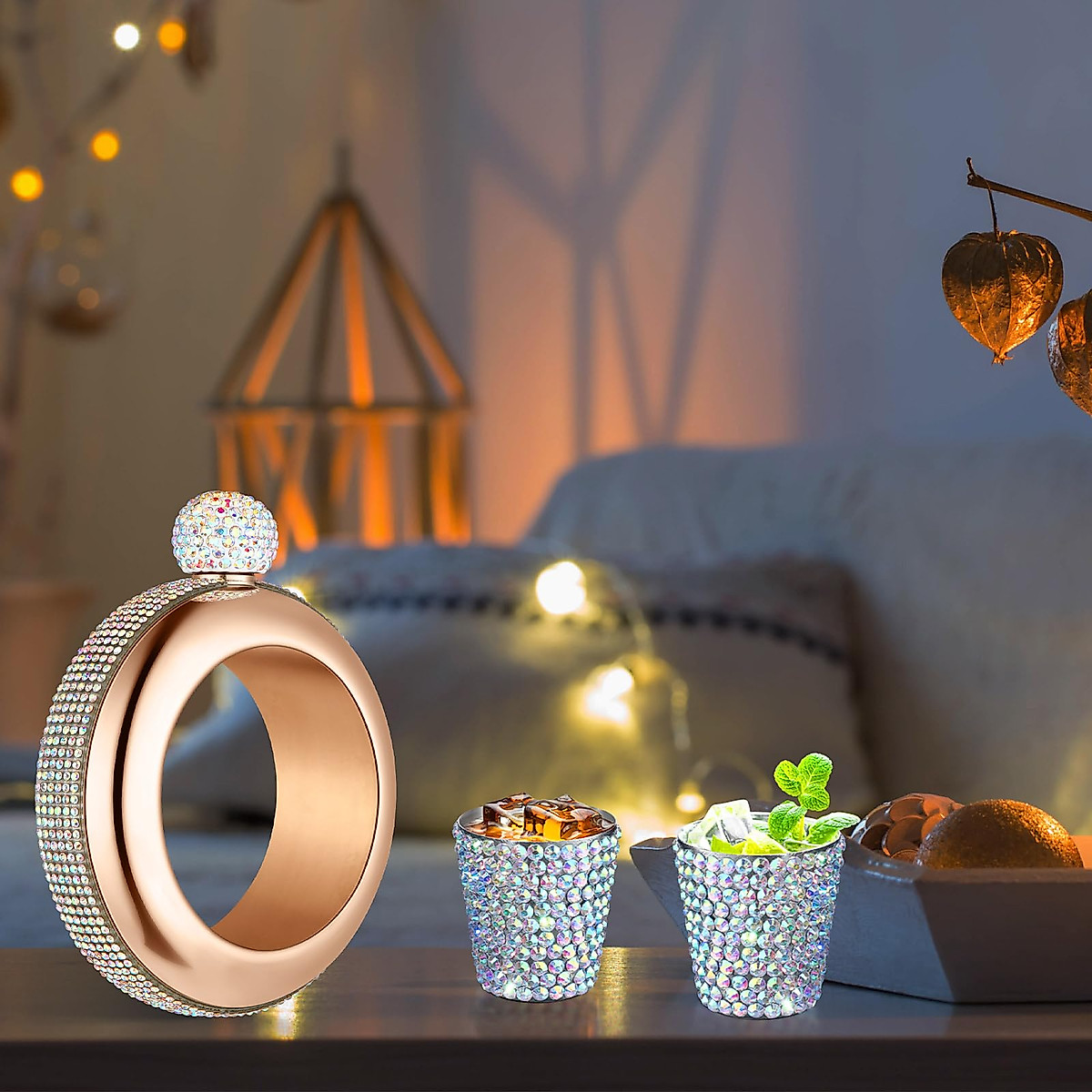 Tioncy 2 Set Rhinestone Bracelet 3.5 oz 304 Stainless Steel Bling Bangle Set with 2 Rhinestone Glass and Funnel for Women Girls Bachelorette Birthday Party Gift(Rose Gold)