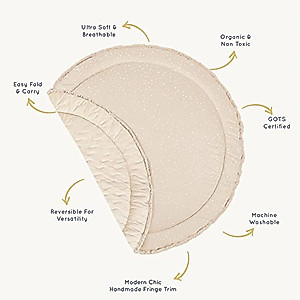 Makemake Organics Organic Play Mat GOTS Certified Organic Cotton Nursery Floor Rug Washable Reversible Non Toxic Activity Mat Tummy Time Crawling Pad Thick Quilted (Round 48", Polka Dots + Solid Oat)