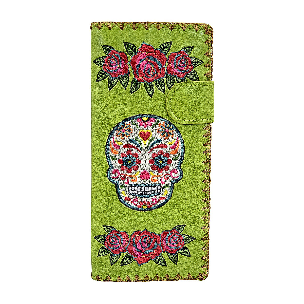 Lavishy Rockabilly Rose & Sugar Skull Day of the Dead Embroidered Large Wallet (Green)