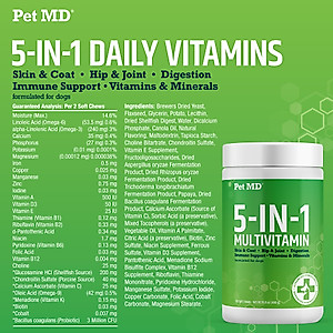 Pet MD 5in1 Dog Multivitamin - 30 Essential Vitamins, Minerals & Nutrients for Skin & Coat, Hip & Joint, Digestion, Immune & Senior Dog Vitamins - Glucosamine, Omega 3 6 9, & Probiotics - 120 ct