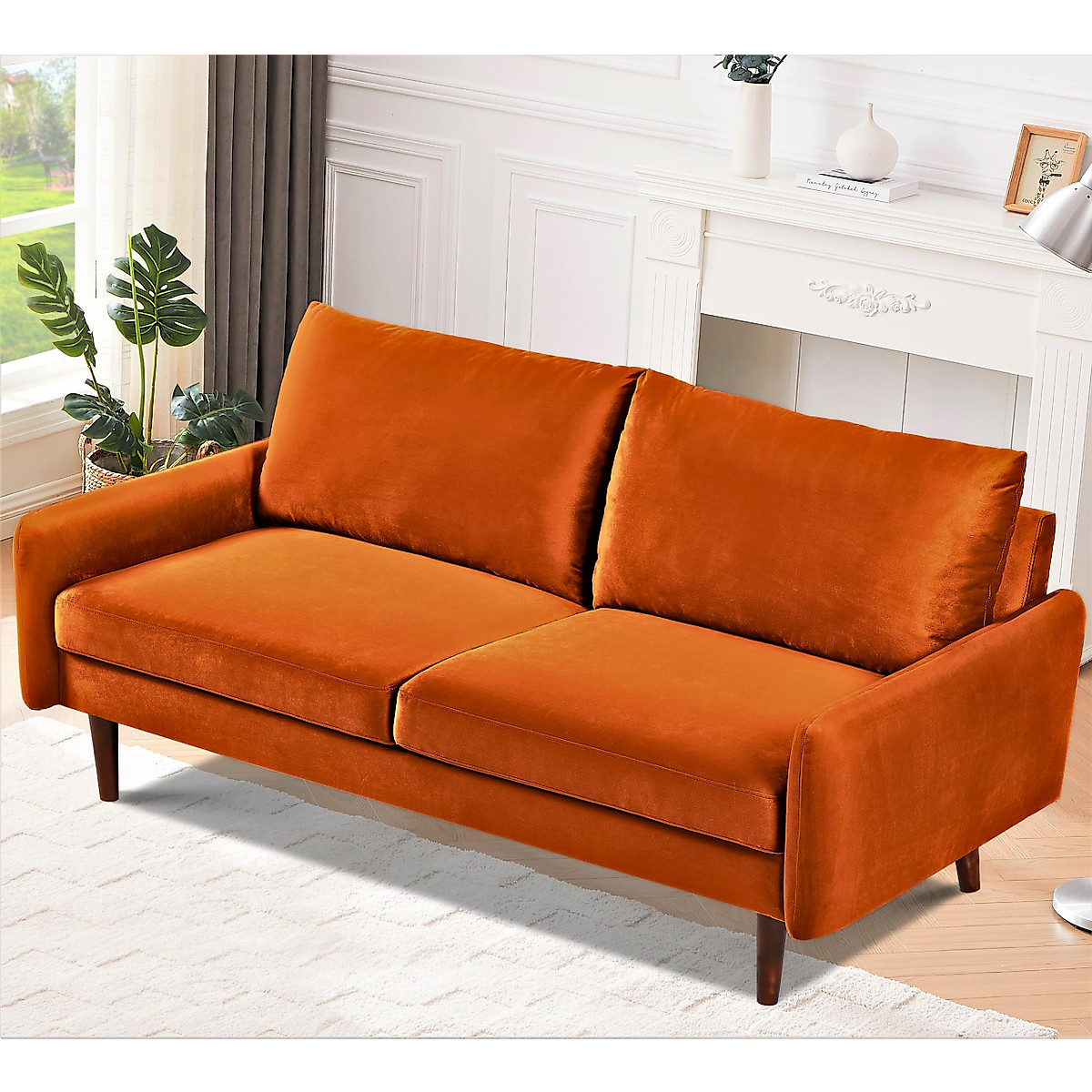 US Pride Furniture Kent Modern Velvet Sofa, Comfortable 3 Seater Couch for Living Rooms and Small Spaces, Ideal Studio Apartment Furniture with Sleek Design, Orange