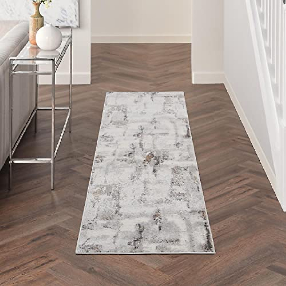 Nourison Elation Abstract Grey Ivory 2'3" x 7'6" Area -Rug, Easy -Cleaning, Non Shedding, Bed Room, Living Room, Dining Room, Kitchen (2x7)