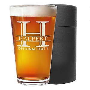 Personalized Etched 16oz Pint Beer Glass – Beer Gifts, Custom Engraved Drinking Glasses, Customized Retirement Gift for Men, Birthday Gifts for Him, Beer Lover Cup, Groomsmen Wedding, Halpert Monogram