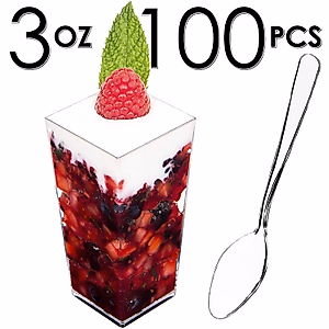 DLux 100 x 3 oz Mini Dessert Cups with Spoons, Square Tall - Clear Plastic Parfait Appetizer Cup - Small Reusable Serving Bowl for Party Desserts Appetizers - With Recipe Ebook