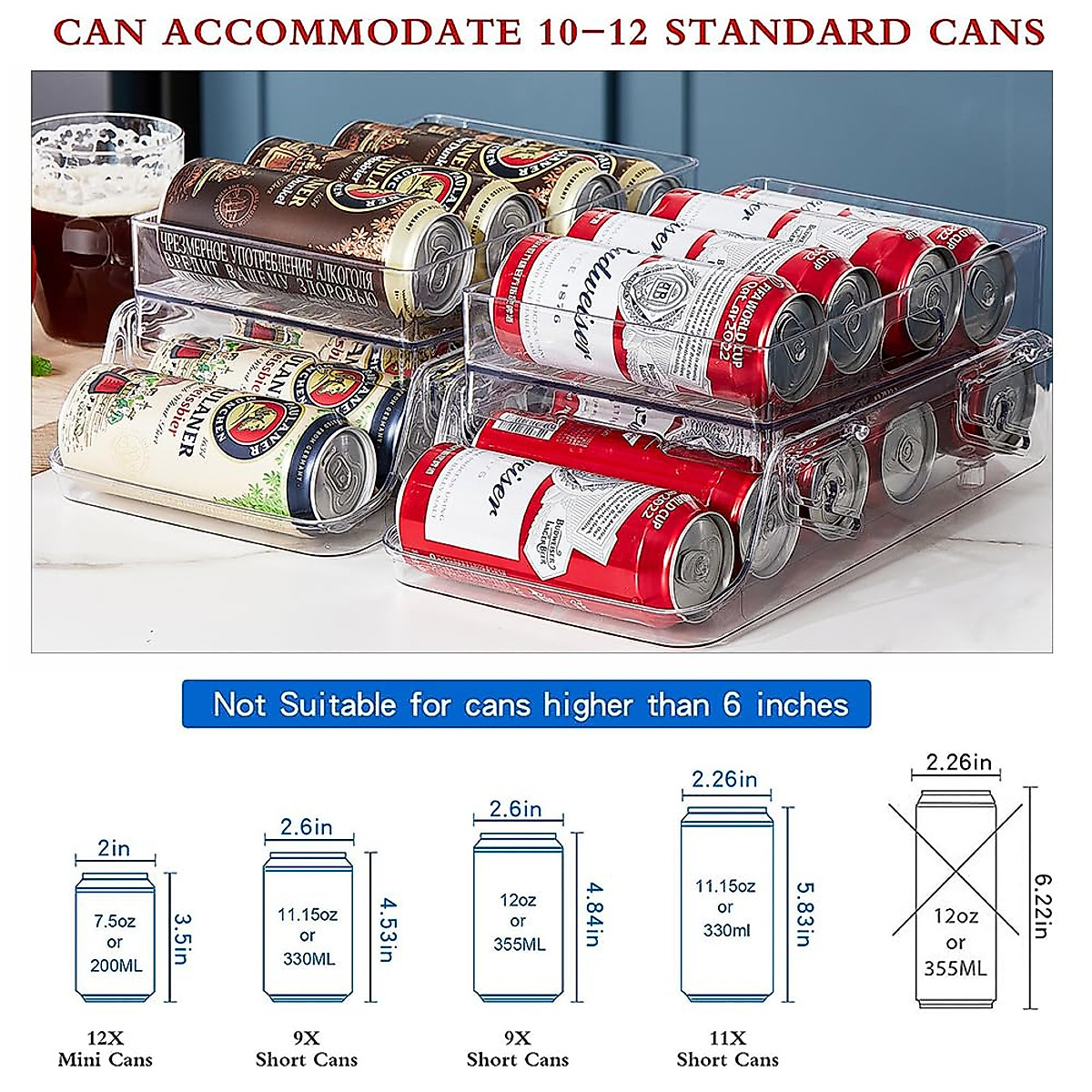 ROWNYEON Rolling Refrigerator Organizer Bins， Pop Soda Can Dispenser with Lid for Fridge, Pantry, Freezer， Beverage Holder，Canned Food Organizer – holds up to 11 tall and slim skinny cans
