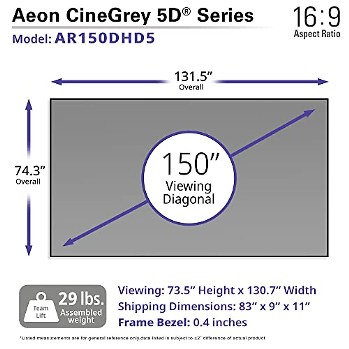 EliteProjector Aeon CineGrey 5D, 150" Diagonal 16:9, Edge Free Ceiling Light Rejecting and Ambient Light Rejecting Fixed Frame Projection Projector Screen for Movie Home Theater, EP-AR150DHD5