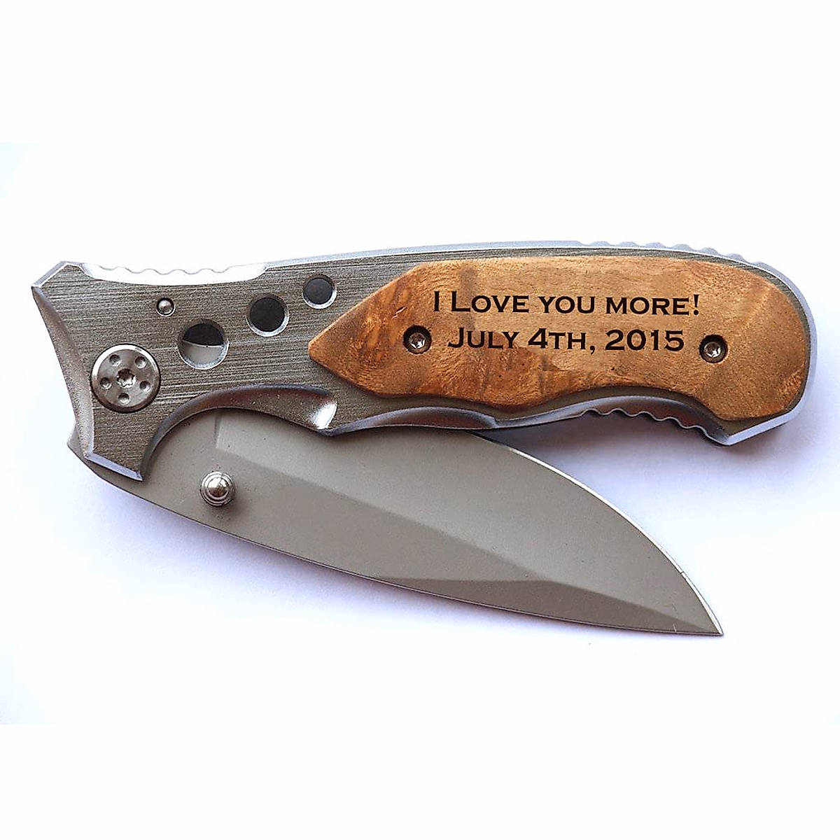 Anniversary Gift For Men Custom Engraved I Love You More Wood Handle Folding Pocket Knife (Stainless Steel)