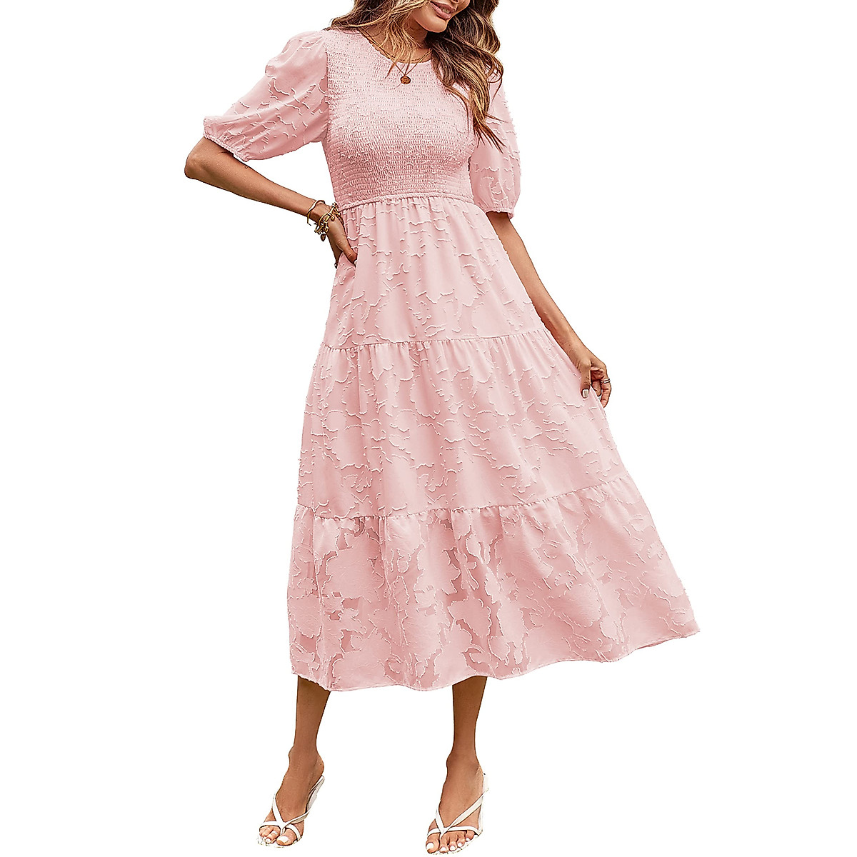 MEROKEETY Summer Dress for Women Elegant Smocked Short Puff Sleeve Floral Solid Midi Maxi Dresses,Pink,L