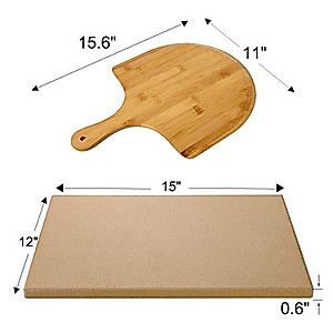 Augosta Pizza Stone for Oven and Grill, Free Wooden Pizza Peel paddle, Durable and Safe Baking Stone for grill, Thermal Shock Resistant cooking stone, 15 x 12 Inch