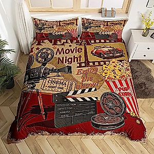 Retro Cinema Duvet Cover Queen Size,Movie Theater Comforter Cover with 2 Pillowcase for Teens Adults,Kids Popcorn and Film Bedding Set,Vintage Cinema Ticket Breathable 3 Pieces Decorative Bed Cover