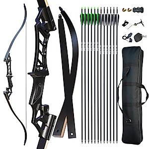 D&Q 58'' Recurve Archery Bow and Arrow Set for Adults Beginners, Black Hunter Aluminum Alloy Takedown Bow for Right Hand.(Black, 70lb)