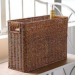 Zerodeko Imitation Rattan Hand Woven Magazine Basket, with Handles, Plastic Storage Basket Magazine Wicker Basket Hollow Handle Basket Desktop Magazine Holder