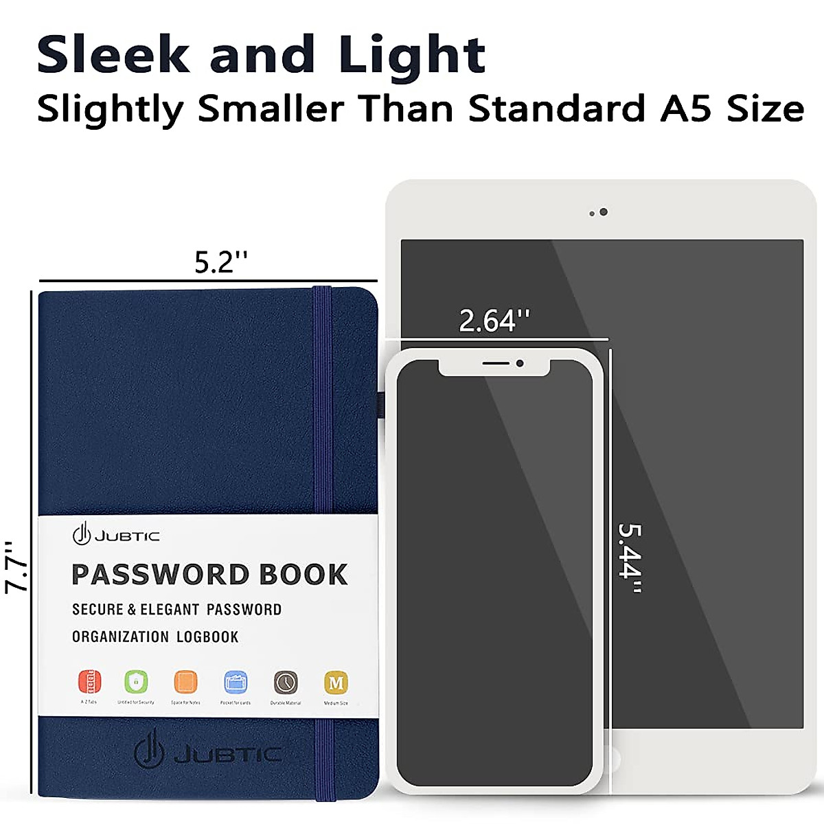 JUBTIC Password Book with Alphabetical Tabs. Medium Size Password Keeper Logbook for Internet Website Address Log in Detail. Hardcover Password Notebook & Organizer for Home Office, Navy Blue