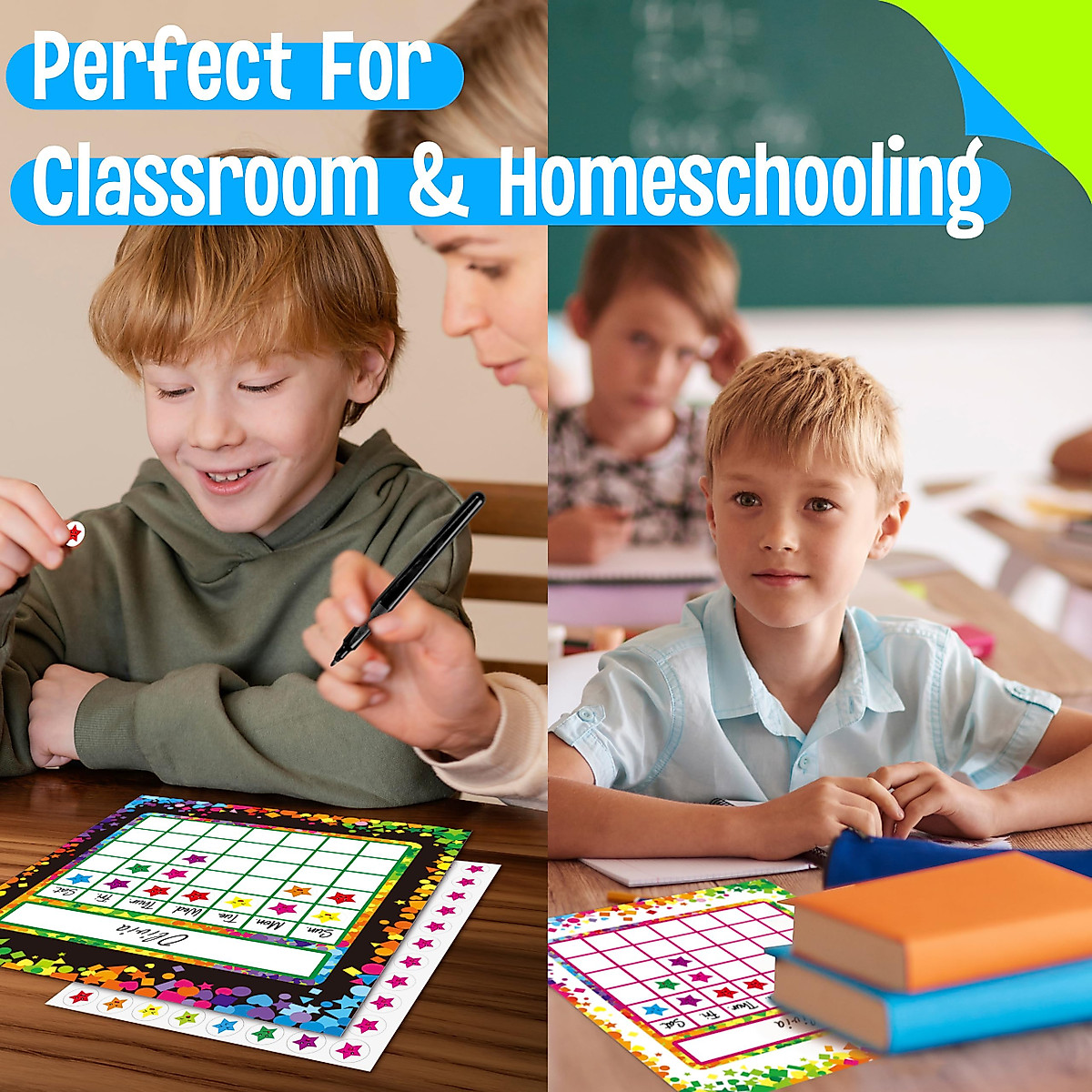 66 Pack Classroom Incentive Chart in 2 Designs with 2024 Star Stickers for Classroom Teaching or Family Using