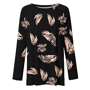 Women's Tops Leopard Print Long Sleeve Crew Neck T Shirts Color Block Floral Print Loose Hide Belly Fat Blouses