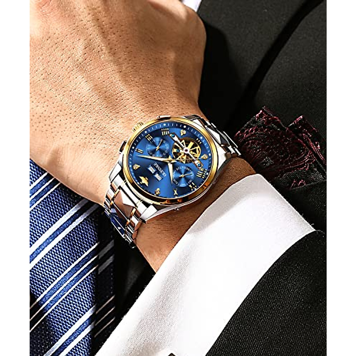 OUPINK Automatic Watches for Men Luxury Mechanical Tungsten Steel Casual Luminous Wristwatch Waterproof Sapphire Calendar Watches Blue