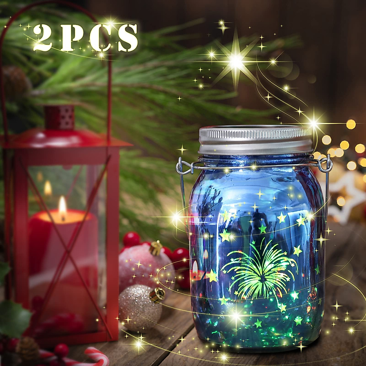 2 Pack Solar Lights Outdoor Decorative Lanterns Waterproof Solar Powered Glass Mason Jar with Color Changing LED Lights for Outdoor Garden Yard Lawn Tabletop Christmas Decorations, Blue