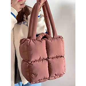 Puffer Tote Bag Women's Glossy Quilted Zipper Closure Puffy Tote Bag Down Padded Shoulder Bag Cute Handbag Aesthetic Handbag (Z-Brown)