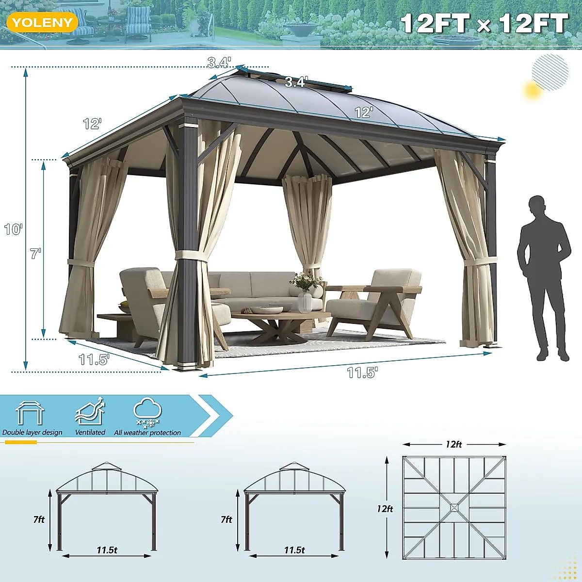 YOLENY 12'x12' Hardtop Gazebo, Permanent Outdoor Aluminum Patio Gazebo with Aluminum Composite Double Arc Roof for Patio Lawn and Garden, Curtains and Netting Included