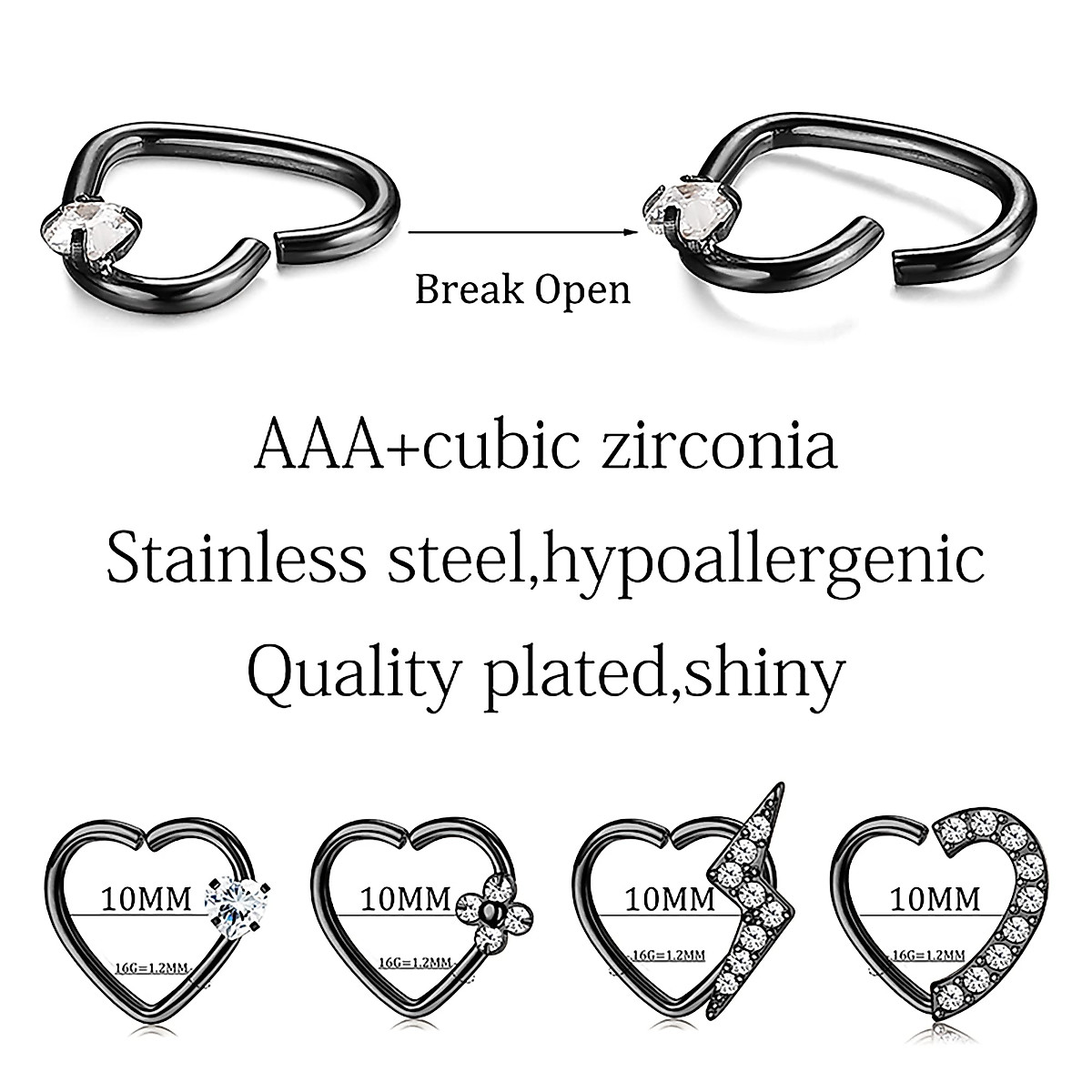 ORAZIO 9 Pairs Heart Daith Earring Cartilage Earrings Hoops Septum Nose Rings for Women Men Stainless Steel Helix Rook Snug Lobe Conch Daith Piercing Silver/Gold/Black/Rose Gold Tone Piercing Earrings