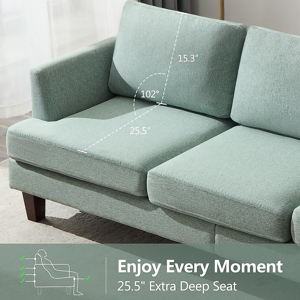 88" Sofa Couch with Deep Seats, 3 Seater Sofa with USB Charging and Side Pockets, Comfy Couches for Living Room with Armrests, Morden Sofa with 3 Soft Pillows for Home, Bedroom, Green