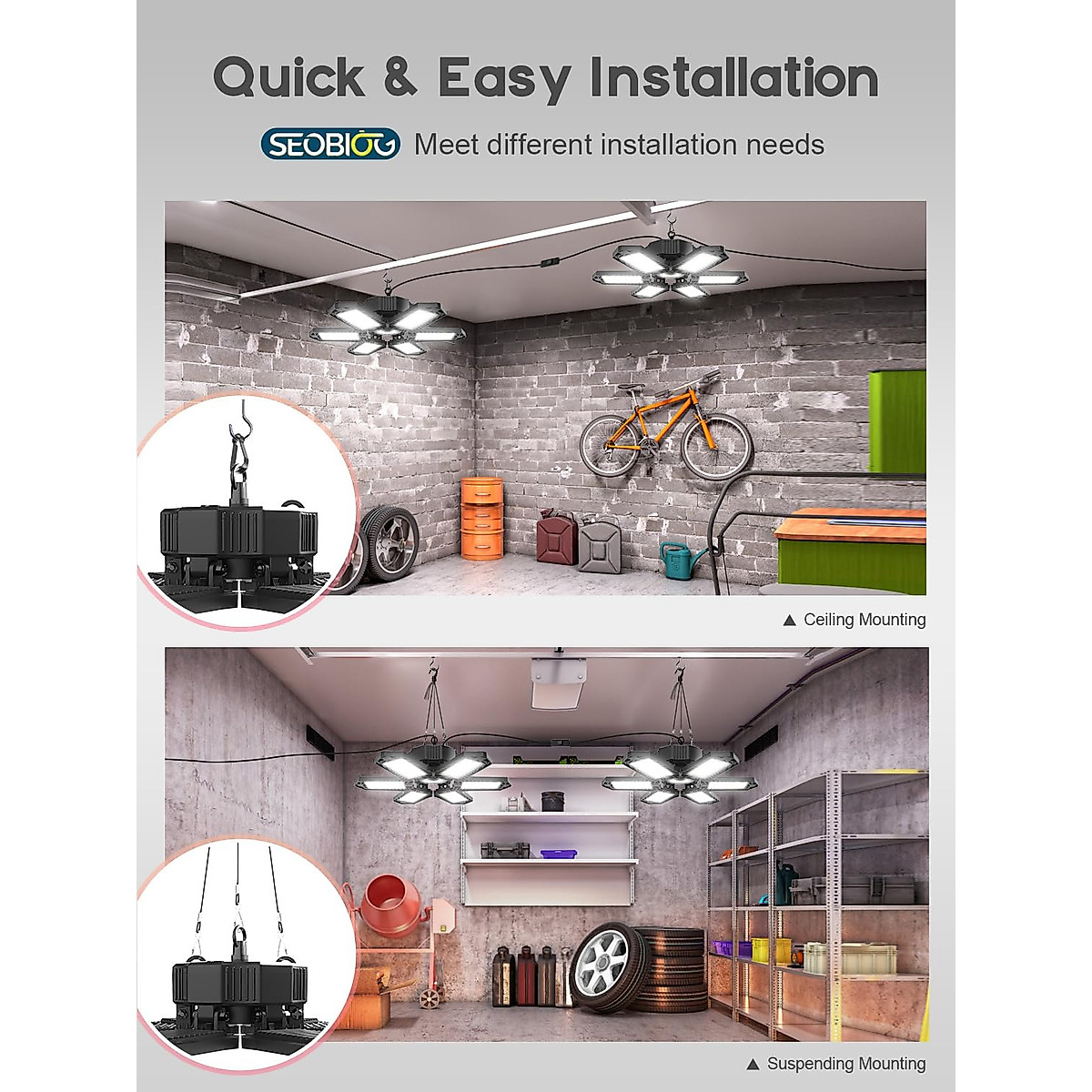 SEOBIOG 8 Pack Plug in Garage Light, Upgraded 200W 20000LM Linkable LED Shop Light, 6500K Ceiling Lights w/ 6 Deformable Panels for Garage, Warehouse, Barn, Basement (Built-in ON/Off Switch)