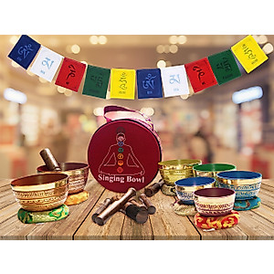 Khusi Tibetan Singing Bowl Set of 7, Handmade, 7 Colors Singing Bowl, Chakra healing, Relaxation, Stress Relief and Spiritual Singing Bowl, Comes w/silk cushions, 4 sticks and Brocade Box