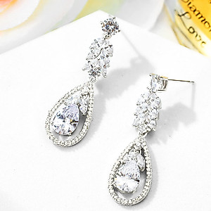 Wedding Earrings for Brides, Cubic Zirconia Leaves Teardrop Bride & Bridesmaid Bridal Earrings for Wedding, 14K White Gold Plated Dangle Earrings for Women, Prom, Pageant, Weddings Mother of The Bride