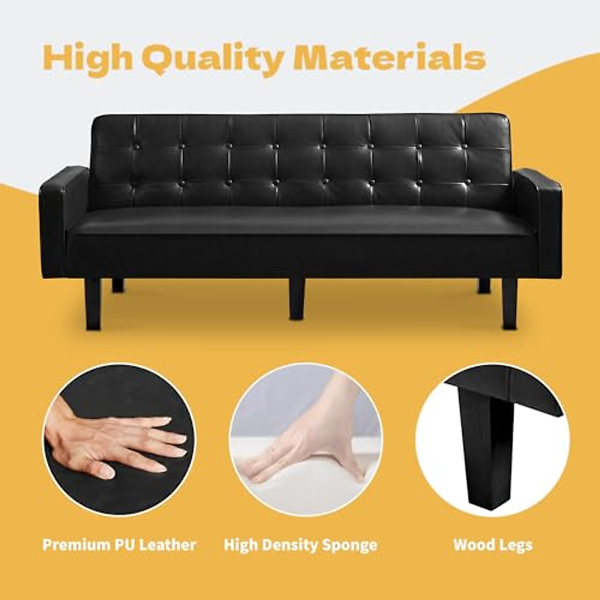 Homies Life Faux Leather Futon Couch, Mid Century Modern Futon Sofa with Memory Foam, Convertible Futon Sofa Bed for Small Spaces, Living Room, Office, Black