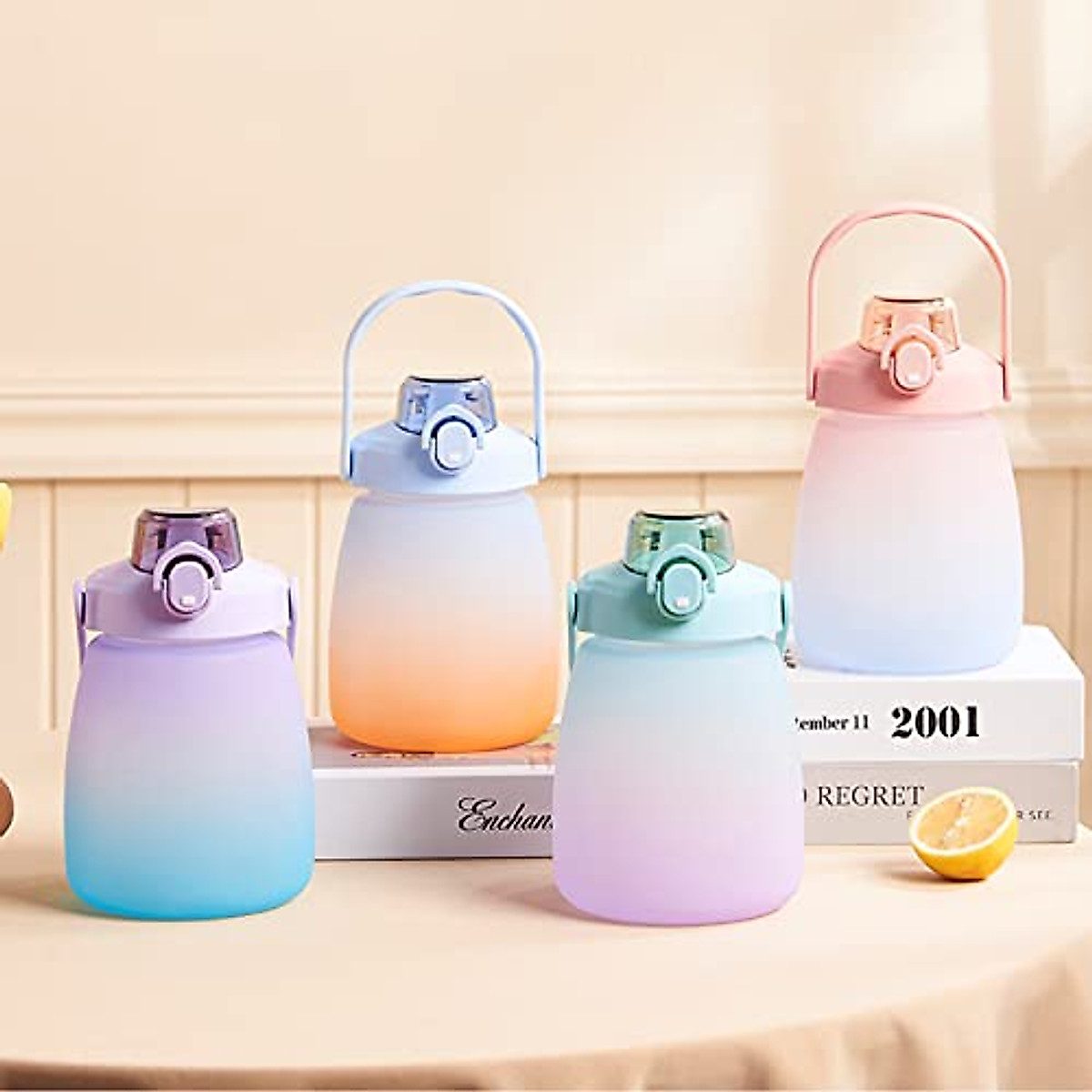 JOUALY Valentines Day Gifts Cute Water Bottle, Large Capacity Straw Cup Student Boy Girl Fashion Water Bottle, Portable Sports Water Bottle with Cute 3D Sticker, Shoulder Strap and Rubber Handle