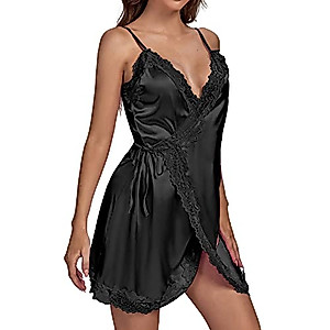 LYANER Women's Satin Lace Trim Babydoll Spaghetti Strap Wrap Tie Chemise Sleepwear Mini Dress Black Small