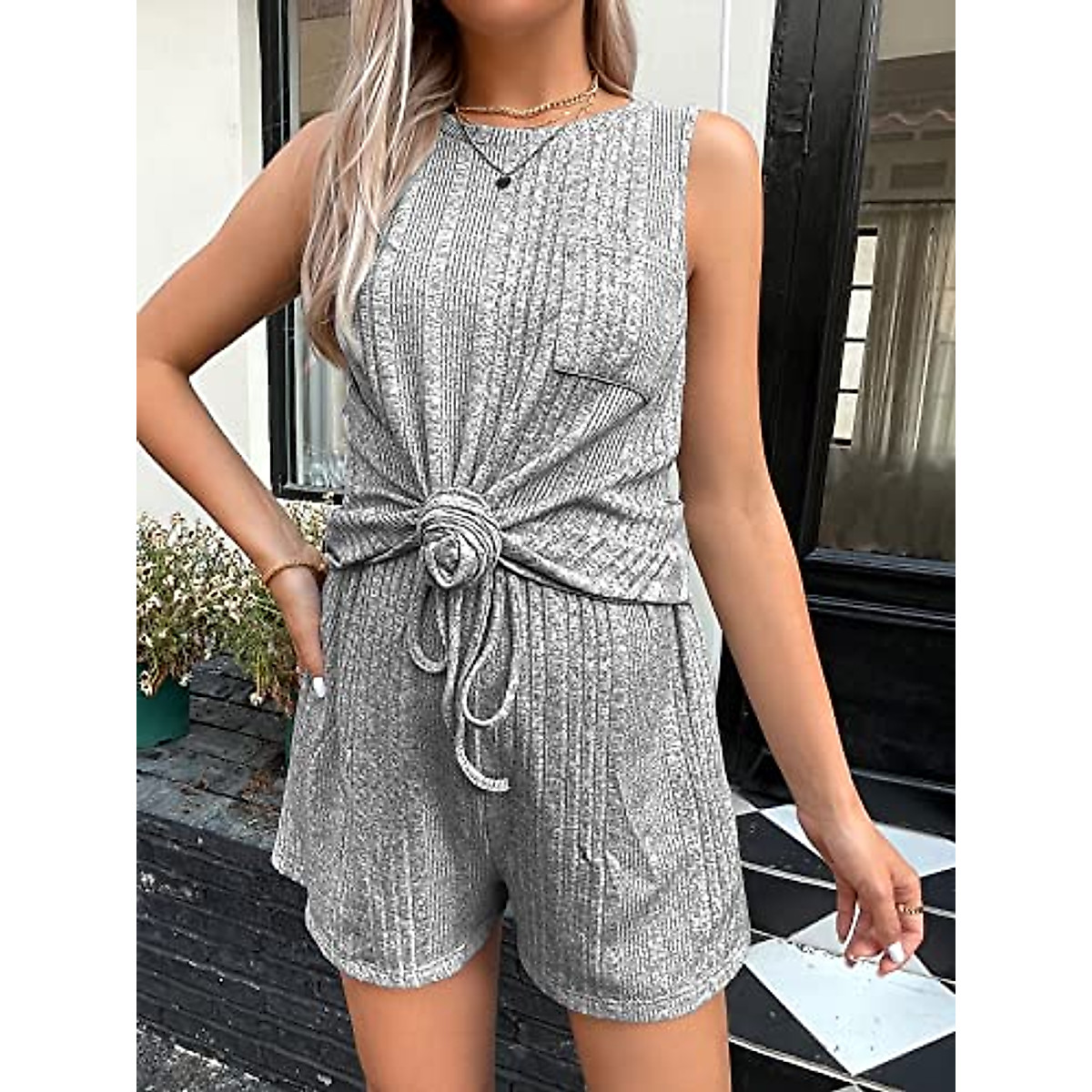 OYOANGLE Women's Maternity 2 Piece Pajamas Outfits Round Neck Tank Top and Adjustable Waist Shorts Loungewear Light Grey XL