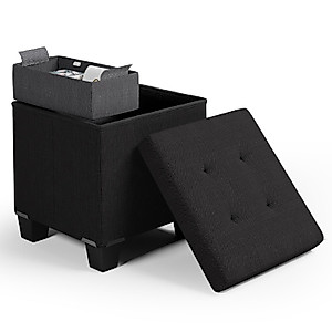 Storage Ottoman Cube with Storage Bin, 15-In Square Ottoman with Storage for Living Room and Bedroom, Small Ottoman Foot Rest, Foot Stools Ottoman, Storage Chest Max 330lbs, Linen Fabric Black Ottoman
