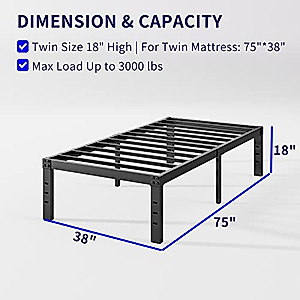 Neslime 18 Inch Heavy Duty Twin Bed Frames No Box Spring Needed, Metal Platform Bed Frame Twin for Heavy People, Easy Assembly, Noise Free, Black