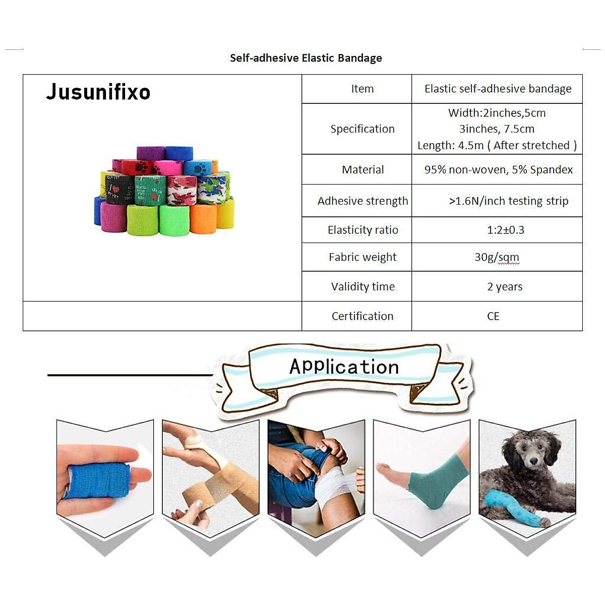 Jusunifixo 2 Inch Self Adhesive Bandage with Custom Package,Wrap Self Adherent Cohesive Breathable Sports Tape for First Aid, Leg,Dog Injury, Sprains and Swelling, 6 Colors-12 Rolls(Rainbow)