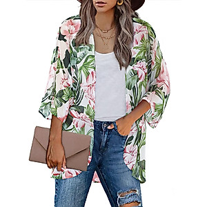 BB&KK Women's Floral Leaf Kimono Cover Ups Plus Size Hawaiian Shirts Tops Tropical Boho Outfits Chiffon Sheer Summer Cardigans Shawls Wraps White 3X-Large