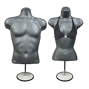 DisplayTown Gray Male and Female Mannequin Torso with Metal Stand Hollow Back Body Stackable Dress Form for Tshirt Display, Countertop, Craft Shows, Photos and Design, S-M Clothing Size