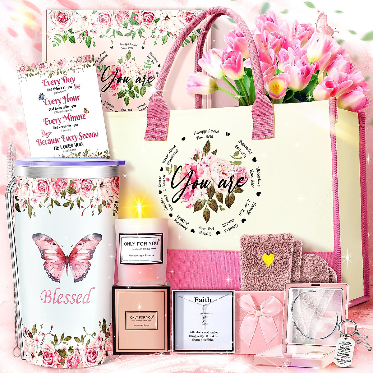 11PCS Christian Gifts for Women Faith, Inspirational Gifts for Women, Pink Birthday Spiritual Religious Basket Set,Self Care Get Well Soon Baskets for Mom,Friends,Wife,Girlfriends