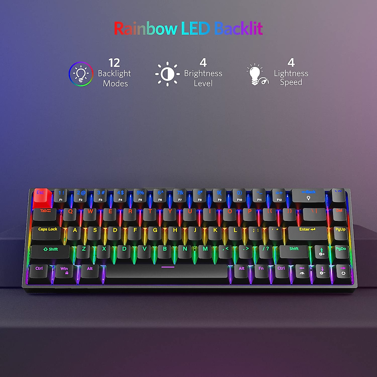 TEWELL 68 Keys Wired Compact Mechanical Gaming Keyboard with Audible Click Sound Blue Switches, Rainbow Backlit Portable Computer Keyboard for Windows Gaming PC