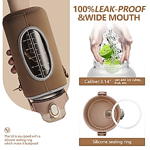 Goswe 64oz Glass Water Bottle with Straw and Handle Lid, Storage Sleeve, Half Gallon Large Reusable Sports Motivational Glass Bottle with Time Marker, Leakproof and BPA-Free,Khaki