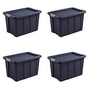 Sterilite 30 Gal Latching Tuff1 Storage Tote, Stackable Bin with Latch Lid, Plastic Container to Organize Garage, Basement, Blue Base and Lid, 4-Pack
