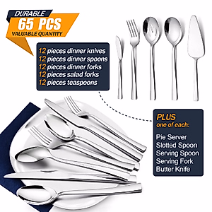 HaWare 65 Pieces Silverware Flatware Set for 12, Durable Stainless Steel Eating Utensils with Knife Fork Spoon Hostess Tableware, Modern Elegant Ergonomic Design, Dishwasher Safe