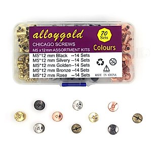 Alloygold 70 Sets Chicago Screw 1/2 inches Kit 5 Color Leather Rivets Screw Rivets Chicago Screw Buttons DIY Leather Trim Black Silver Gold Copper Rose Gold （M5*12）