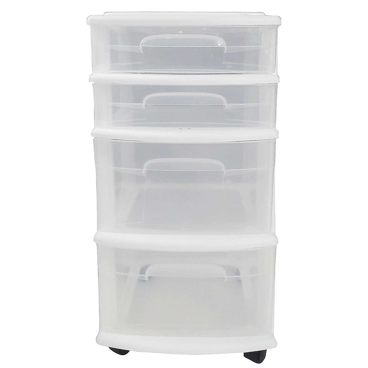 Homz Clear Plastic 4 Drawer Medium Home Organization Storage Container Tower w/2 Large and 2 Small Drawers, and Removeable Caster Wheels, White Frame
