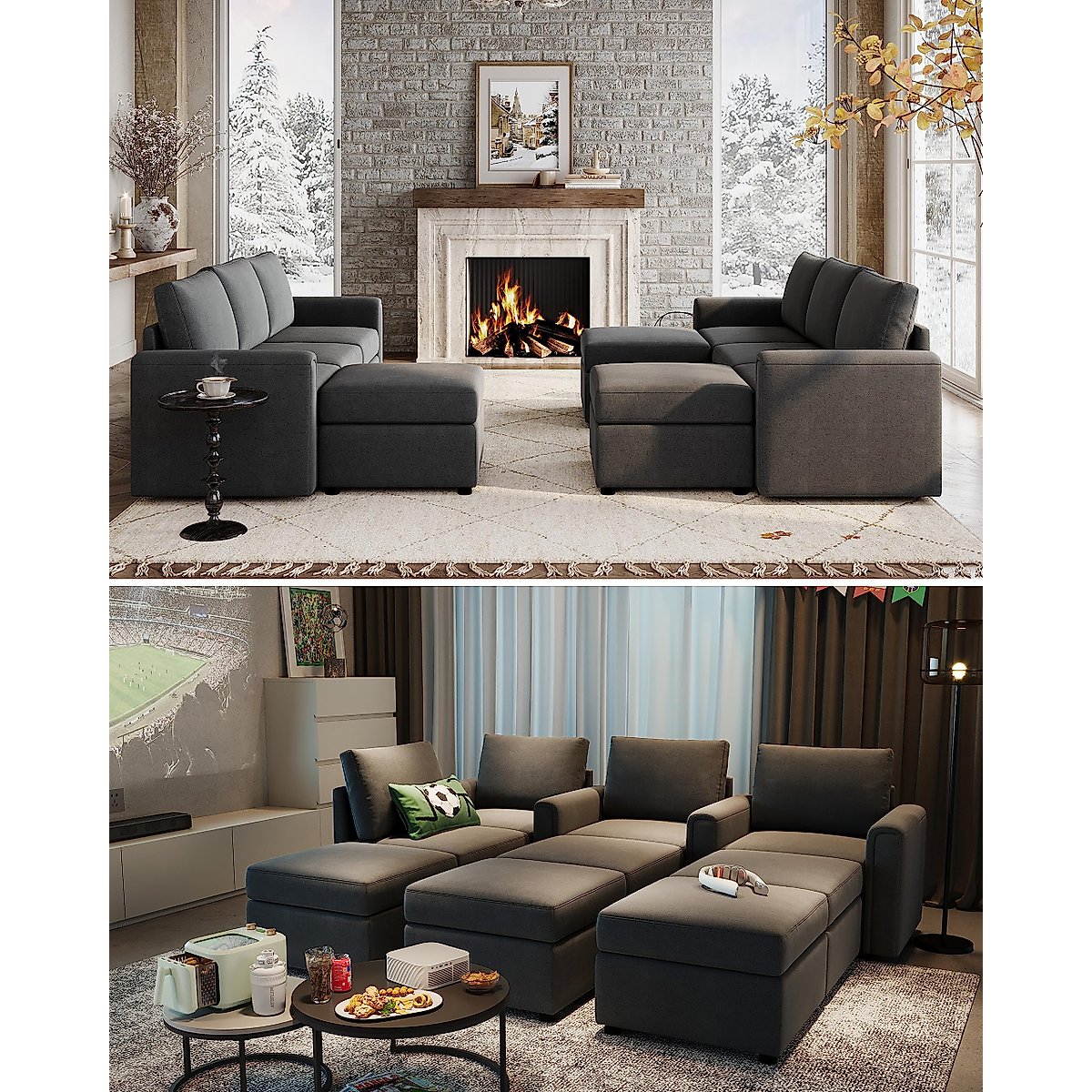 LINSY HOME Modular Sectional Sofa, Oversized Sectional Couch with Storage, Ottomans, Modular Sectional Sleeper Sofa with Memory Foam, 9 Seat U Shape Sofa Set for Living Room, Dark Grey